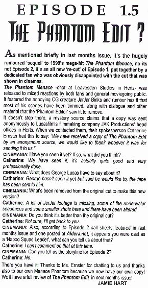 TheForce.Net - Episode I - 'The Phantom Edit' In UK's Cinemania